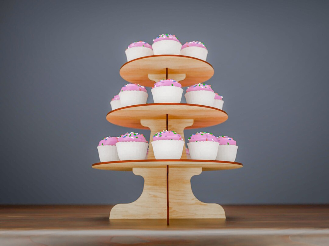 3 Tier Cupcake Stand, Baby Shower Table Centrepiece, Round Wood Cupcake ...