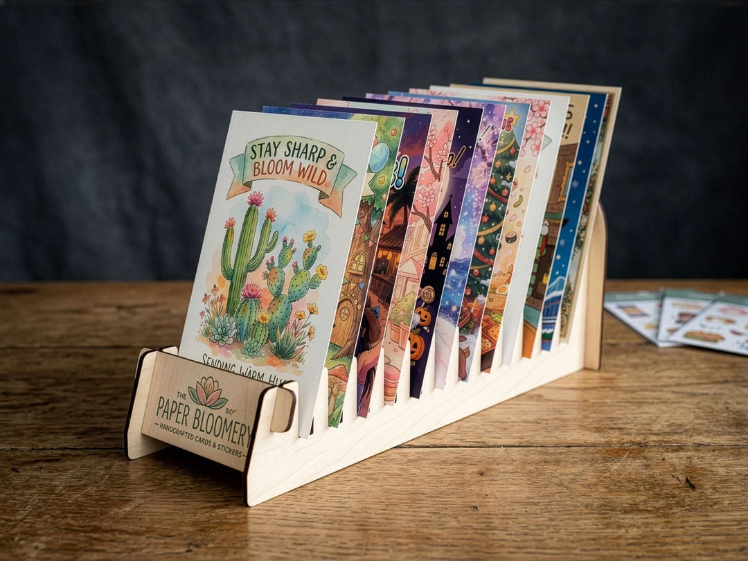 Greeting Card Display Stand, 12 Slot Wooden Postcard Rack, Craft Show ...