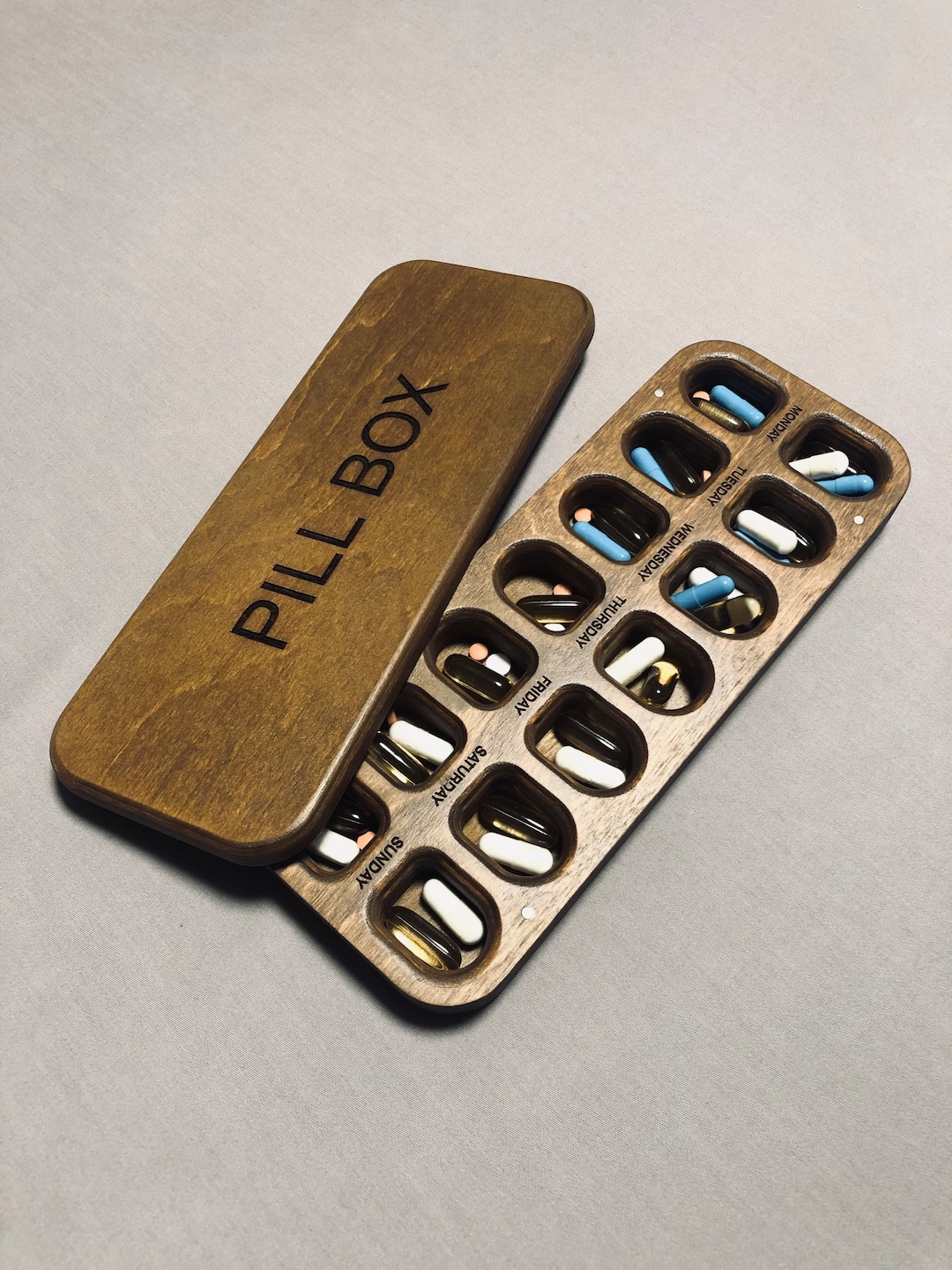 Pill Box Organizer - Wooden 7 Day Weekly Pill Case, Unique Medicine ...