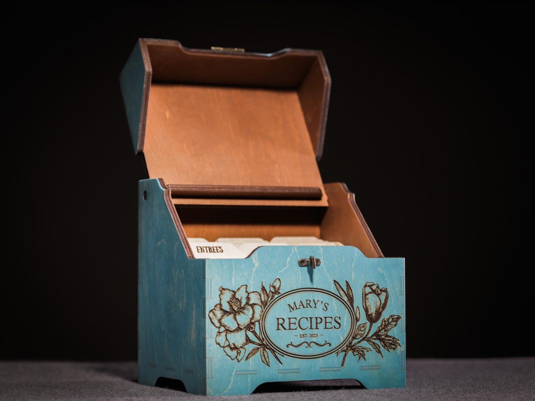 Floral Wooden Recipe Card Box 4x6 - Personalized Recipe Box With ...