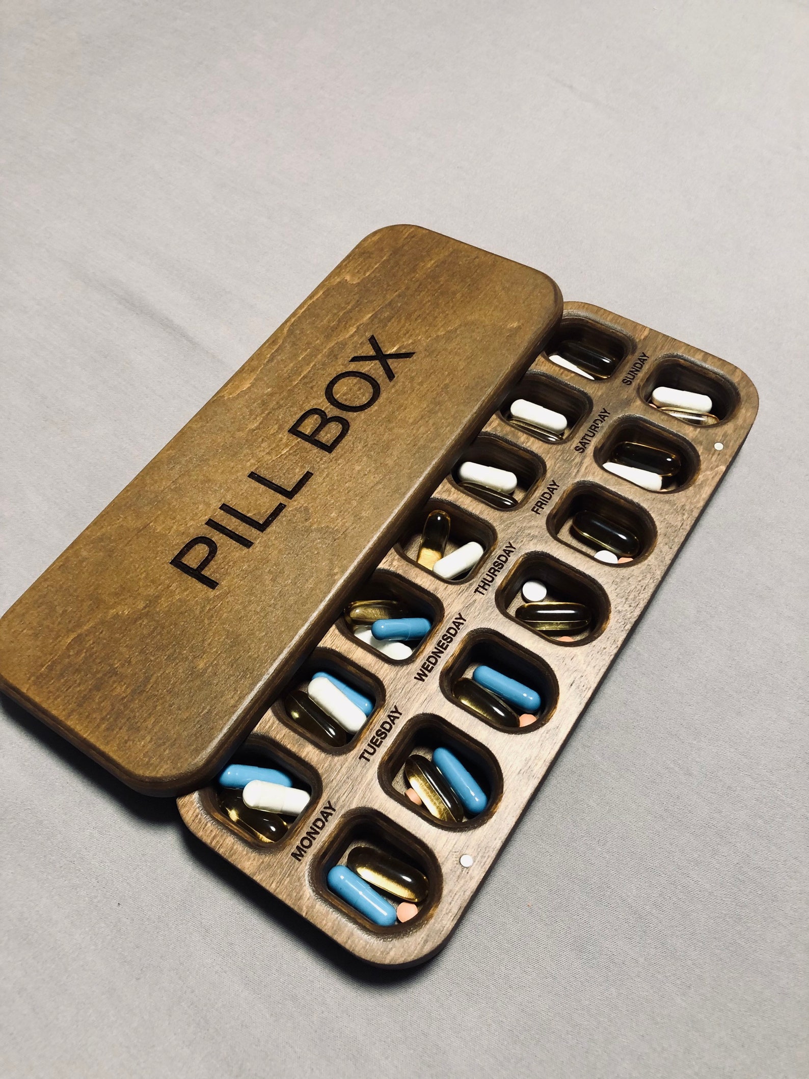 Pill Box Organizer - Wooden 7 Day Weekly Pill Case, Unique Medicine ...