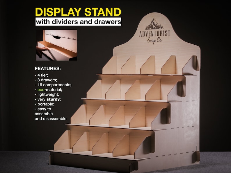 Personalized Wooden Display Stand - Collapsible Rack With Compartments ...