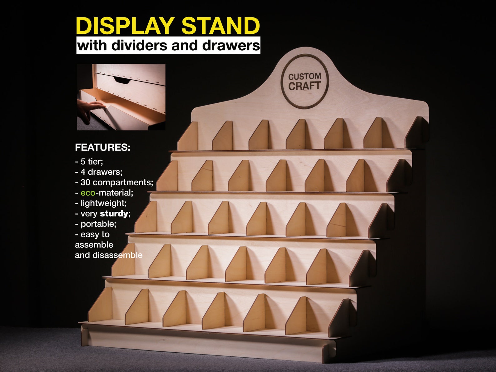 Display Stand With 5 Wooden Shelves, Wooden Riser With Display Shelf ...
