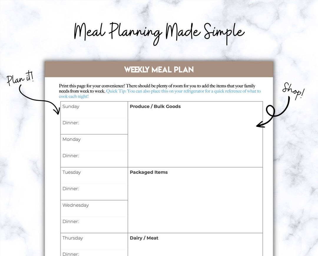 Simple Weekly Meal Planner - Etsy