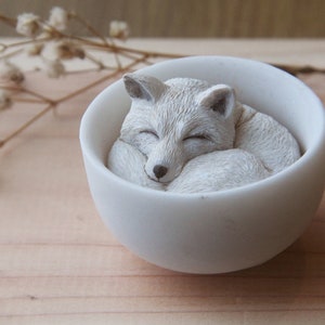 Miniature White Fox Figurine Sleep in Teacup. Handmade Resin Teacup Fox ...