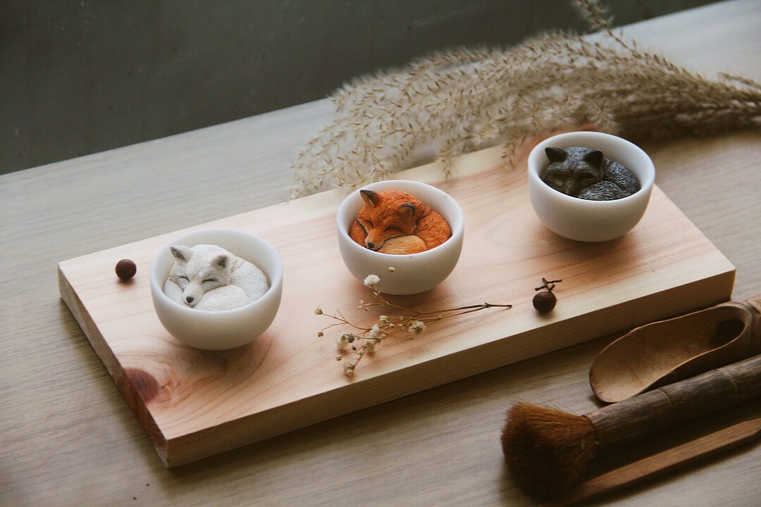 Set of Three Miniature Fox Figurines Sleep in Teacup. Handmade Resin ...