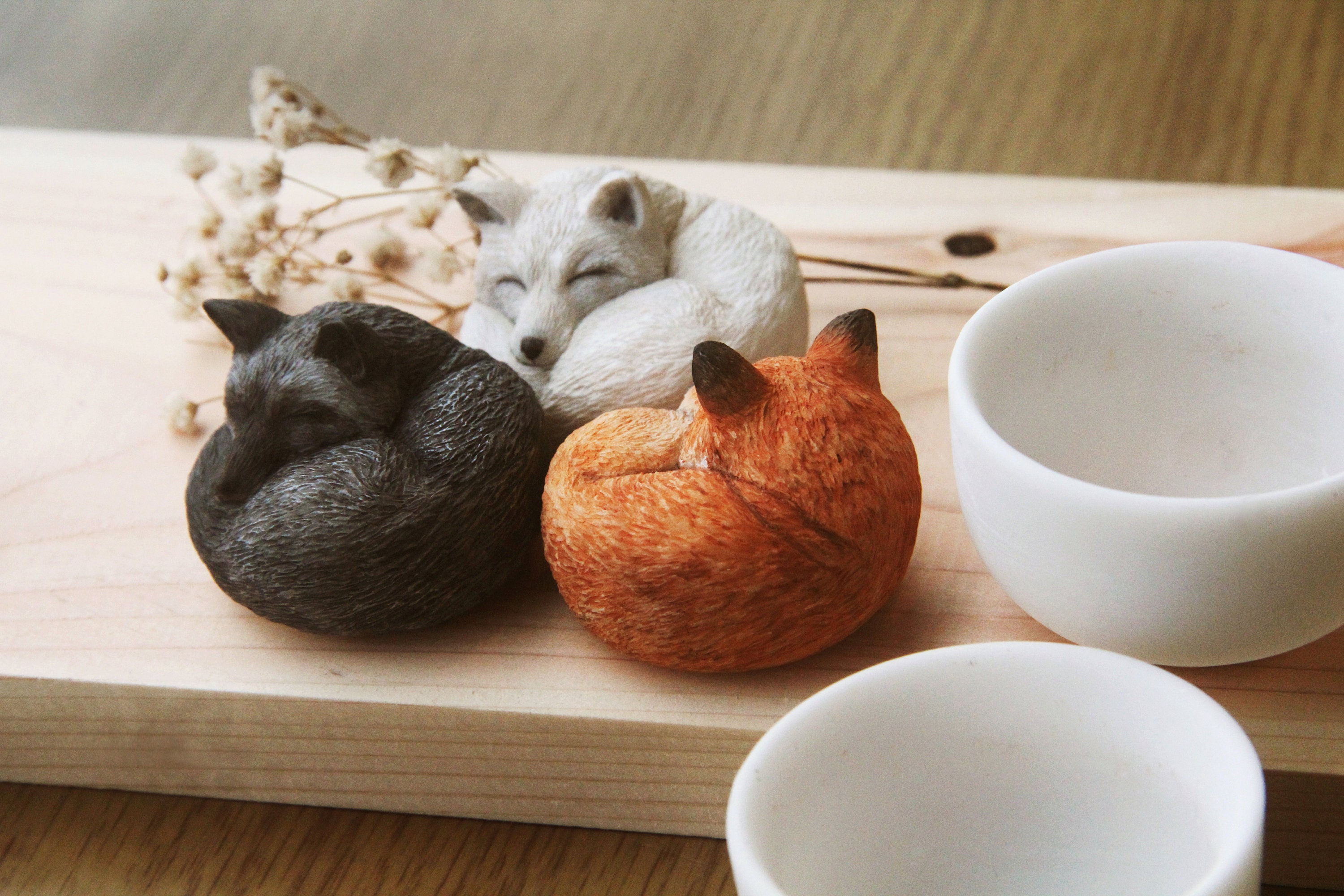 Tea Fox / Teacup Fox black Fox Sleeping Kitsune Statue Resin - Etsy