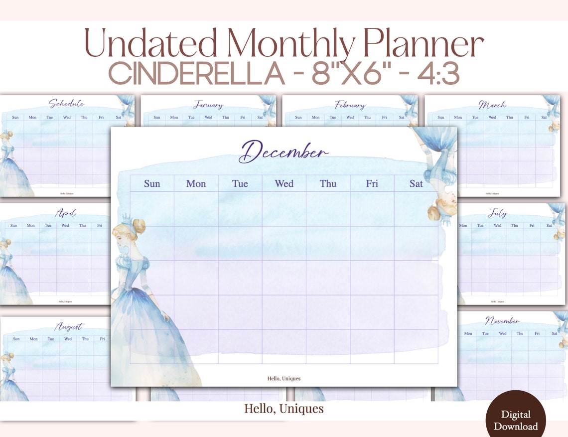 Undated Monthly Planner Blue Cinderella Watercolour | Schedule Planner ...