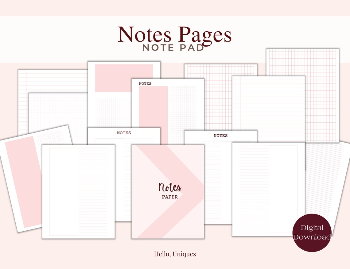 Note Paper Template Digital Download Instant Download Printable Pink ...