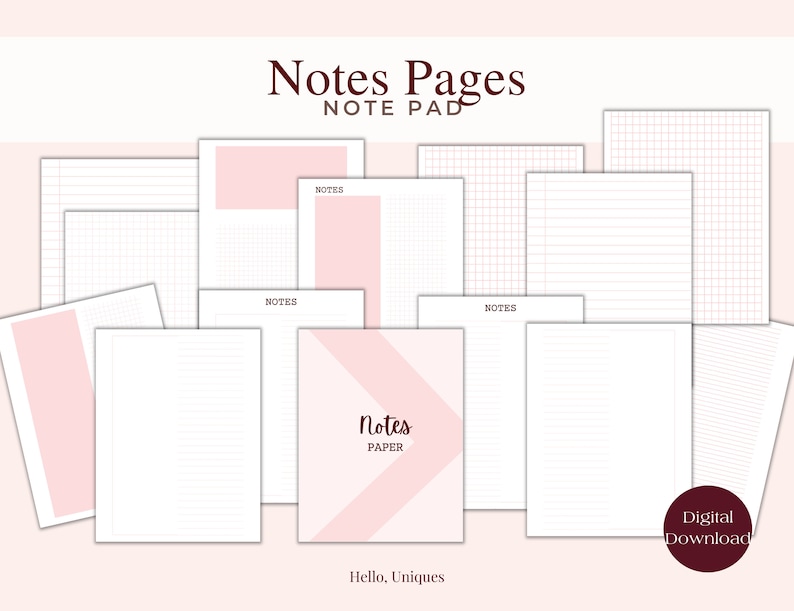 Note Paper Template Digital Download Instant Download Printable Pink ...