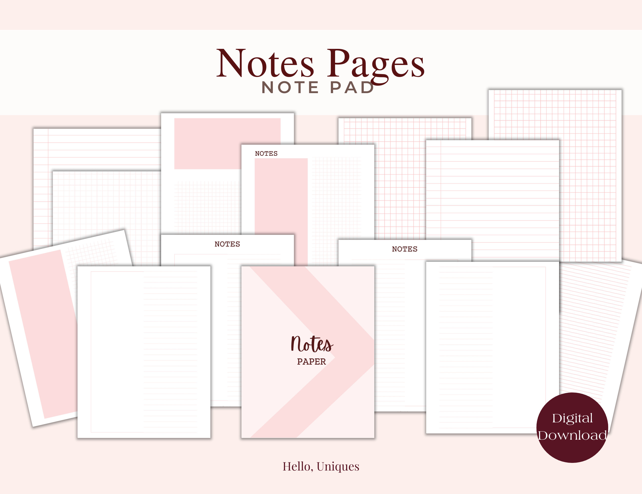 Note Paper Template Digital Download Instant Download Printable Pink ...