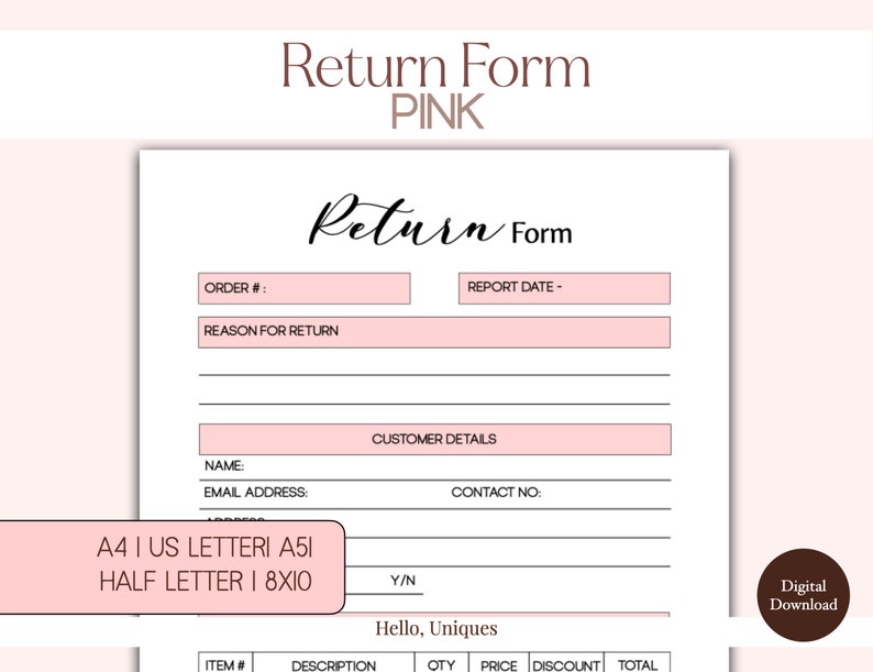 Printable Pink Return Form | for Business Owners | Return Form Tracker ...