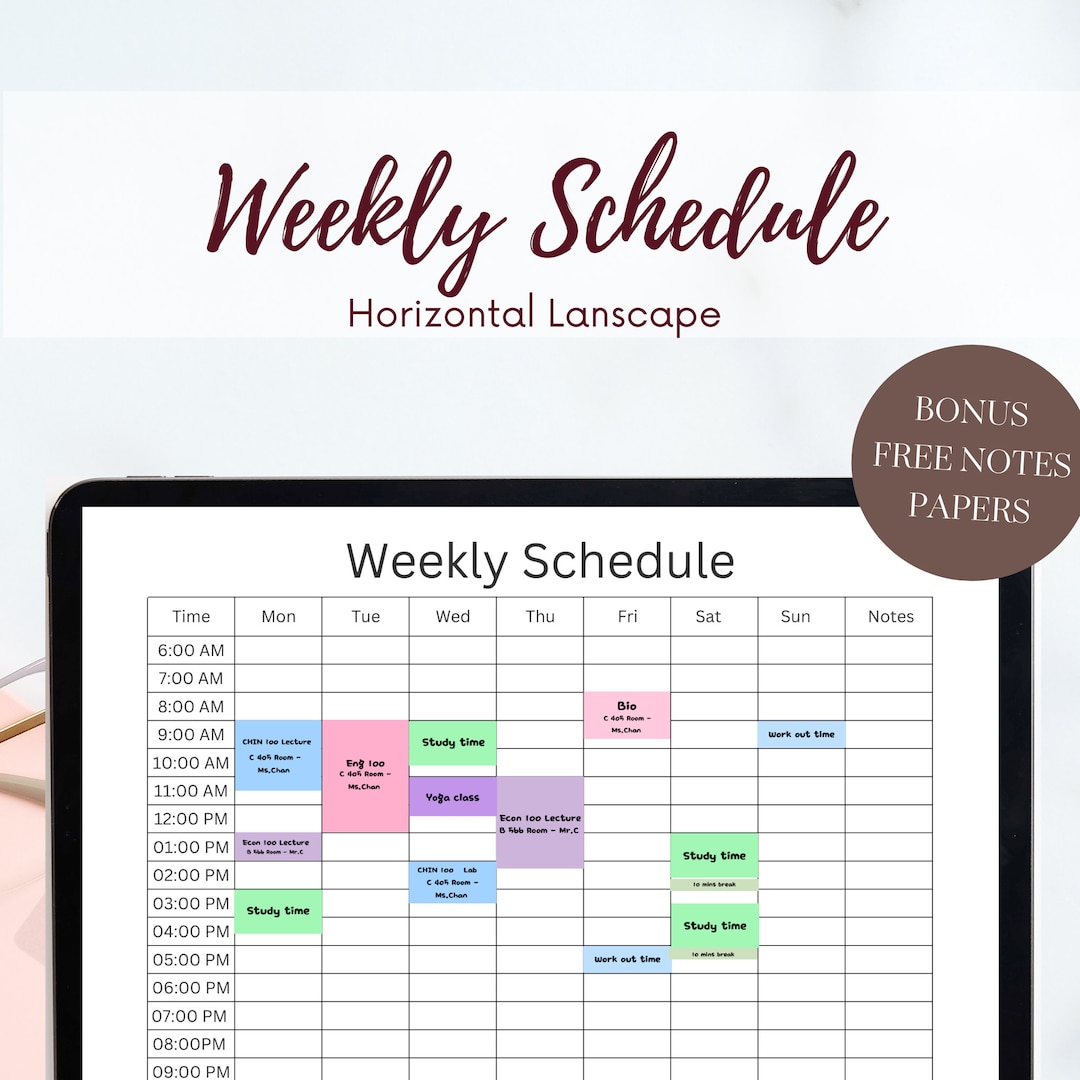 Landscape Horizontal Weekly Schedule Planner | Hourly | Half Hour | Mon ...