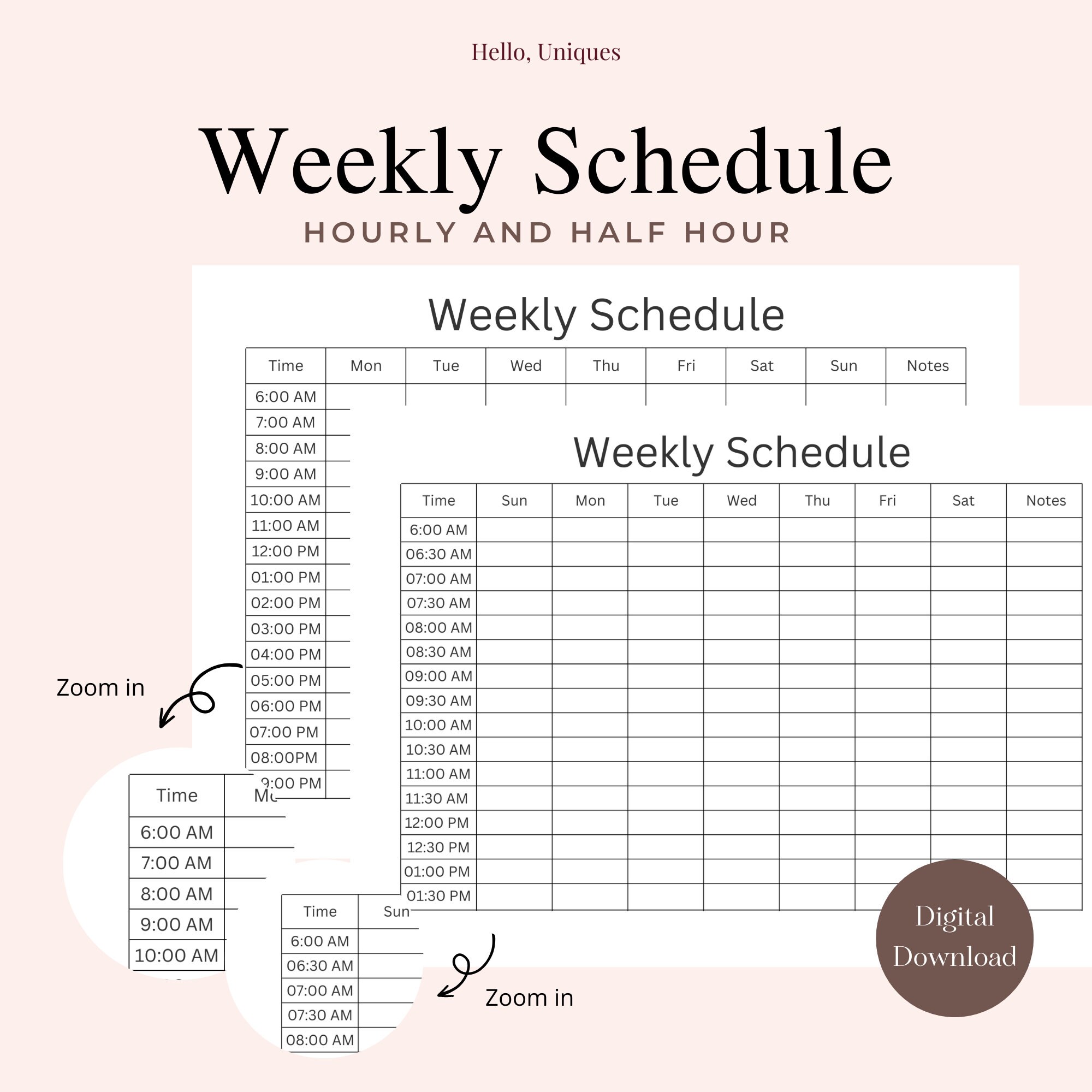 Landscape Horizontal Weekly Schedule Planner | Hourly | Half Hour | Mon ...
