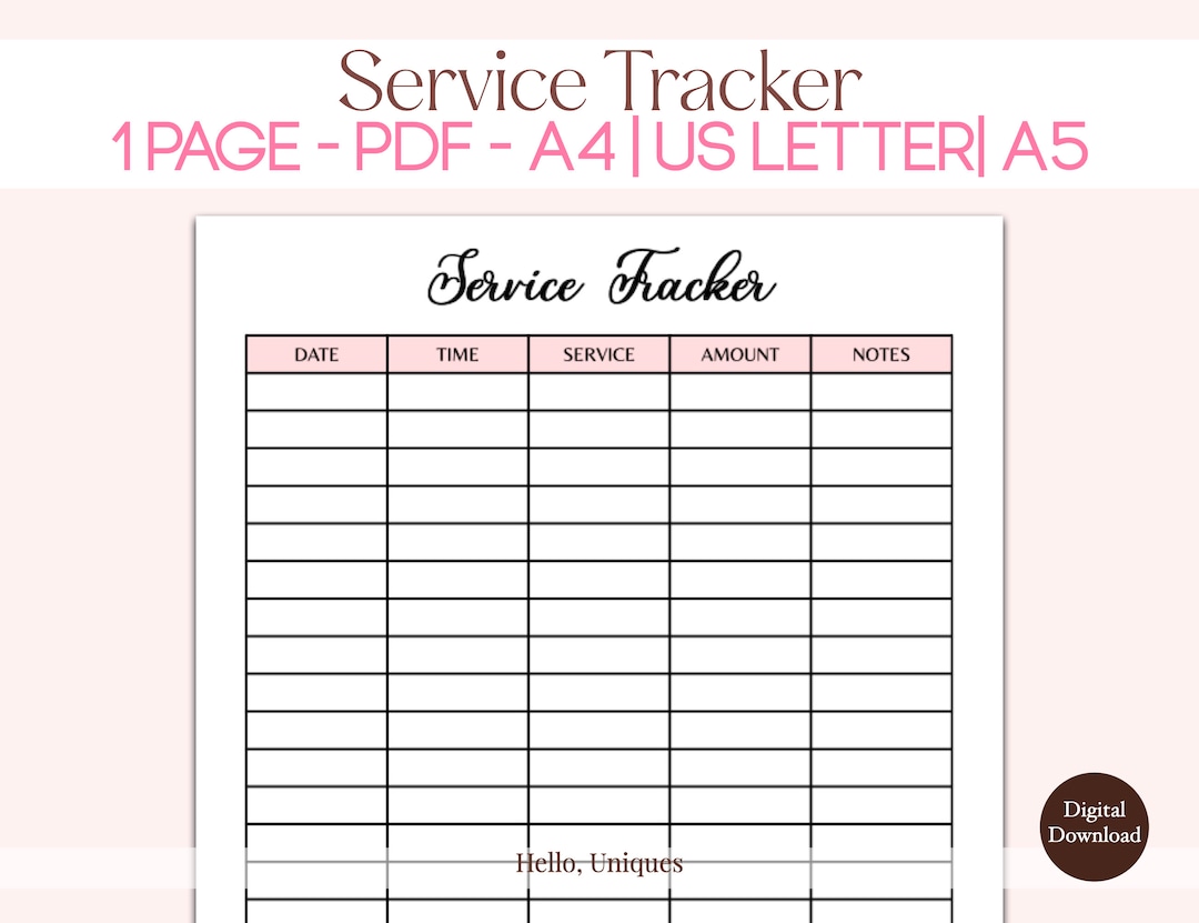 Service Tracker | Printable | PDF | A4 | A5 | US Letter | 8x10 ...
