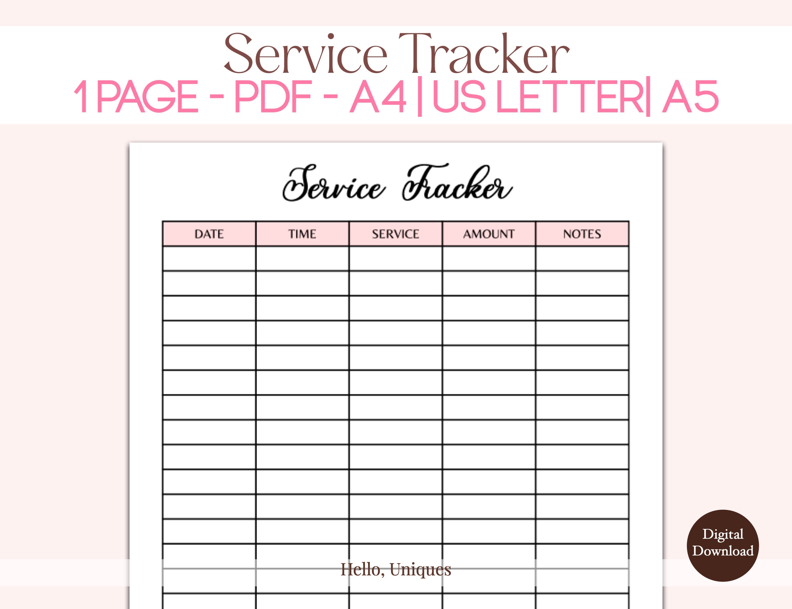 Service Tracker | Printable | PDF | A4 | A5 | US Letter | 8x10 ...