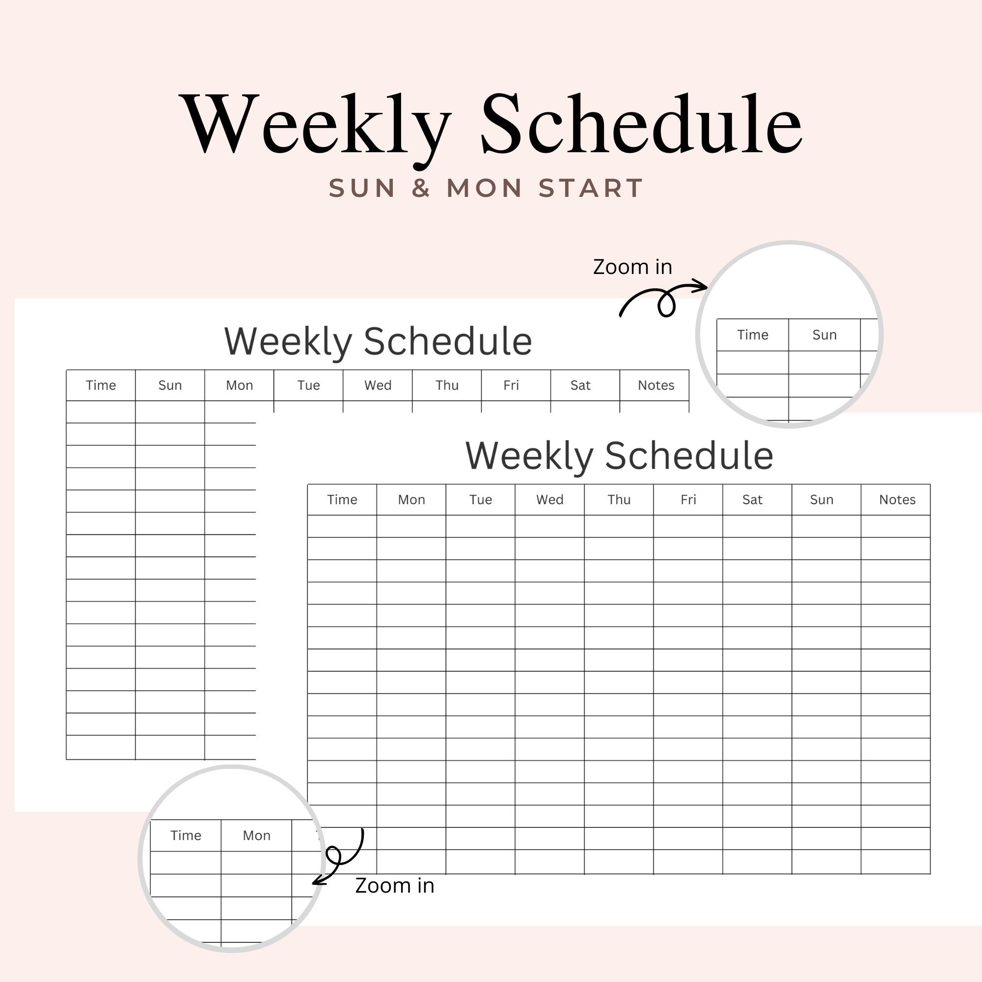 Landscape Horizontal Weekly Schedule Planner | Hourly | Half Hour | Mon ...