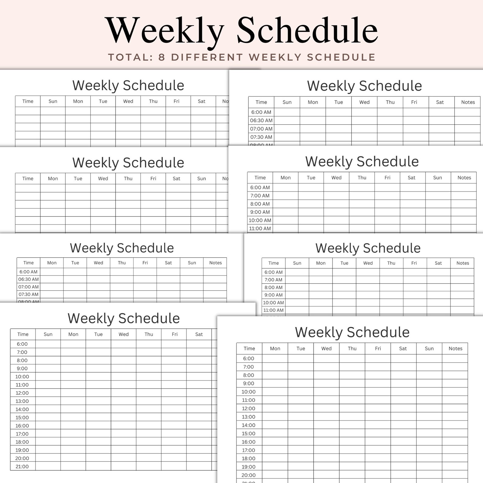 Horizontal Weekly Schedule Planner: Hourly, Half-hour (PDF Download) - Etsy