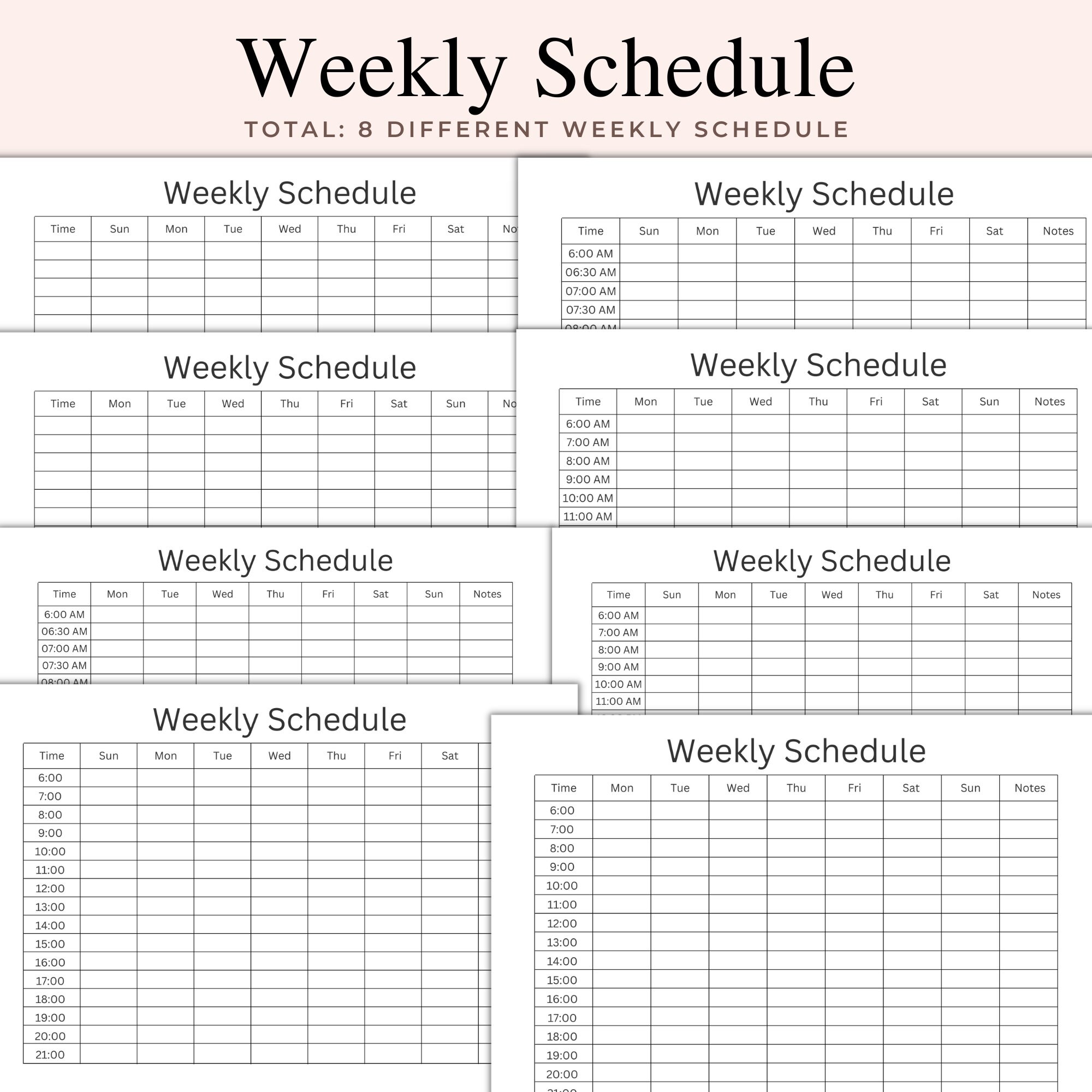 Landscape Horizontal Weekly Schedule Planner | Hourly | Half Hour | Mon ...