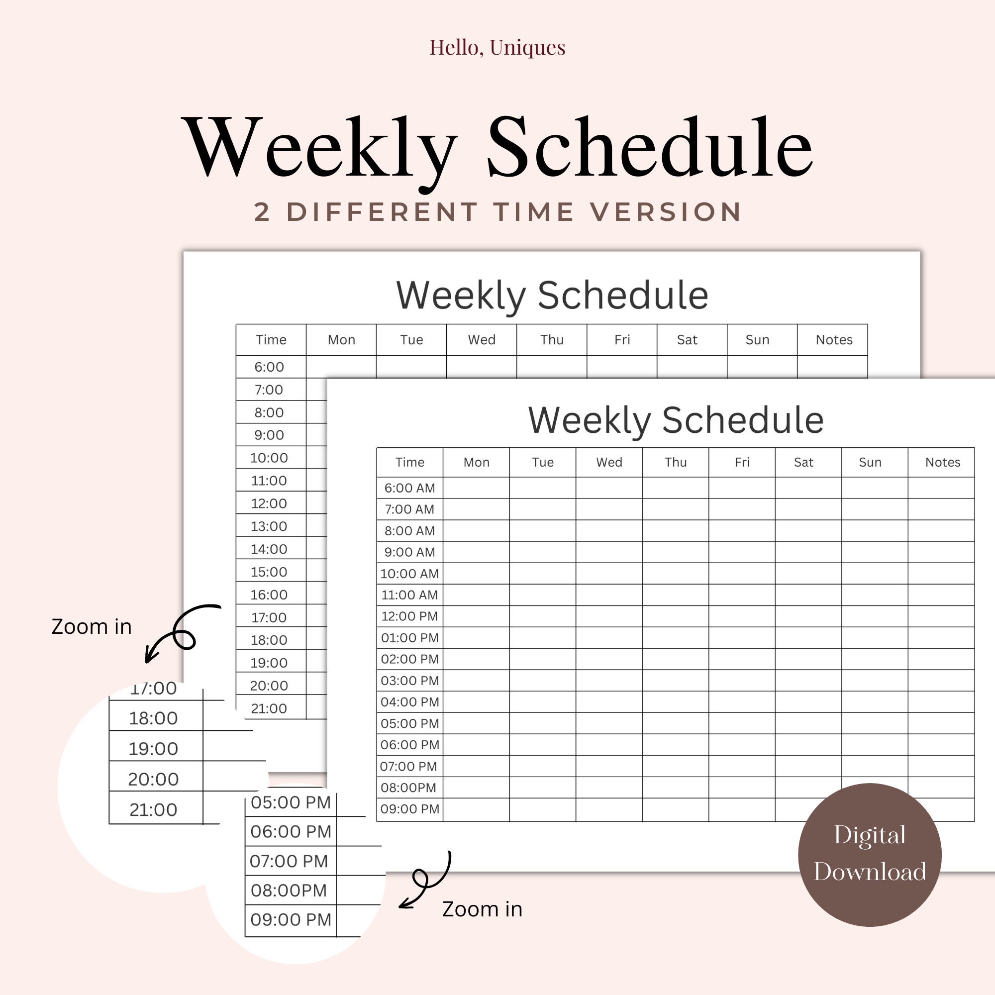 Landscape Horizontal Weekly Schedule Planner | Hourly | Half Hour | Mon ...