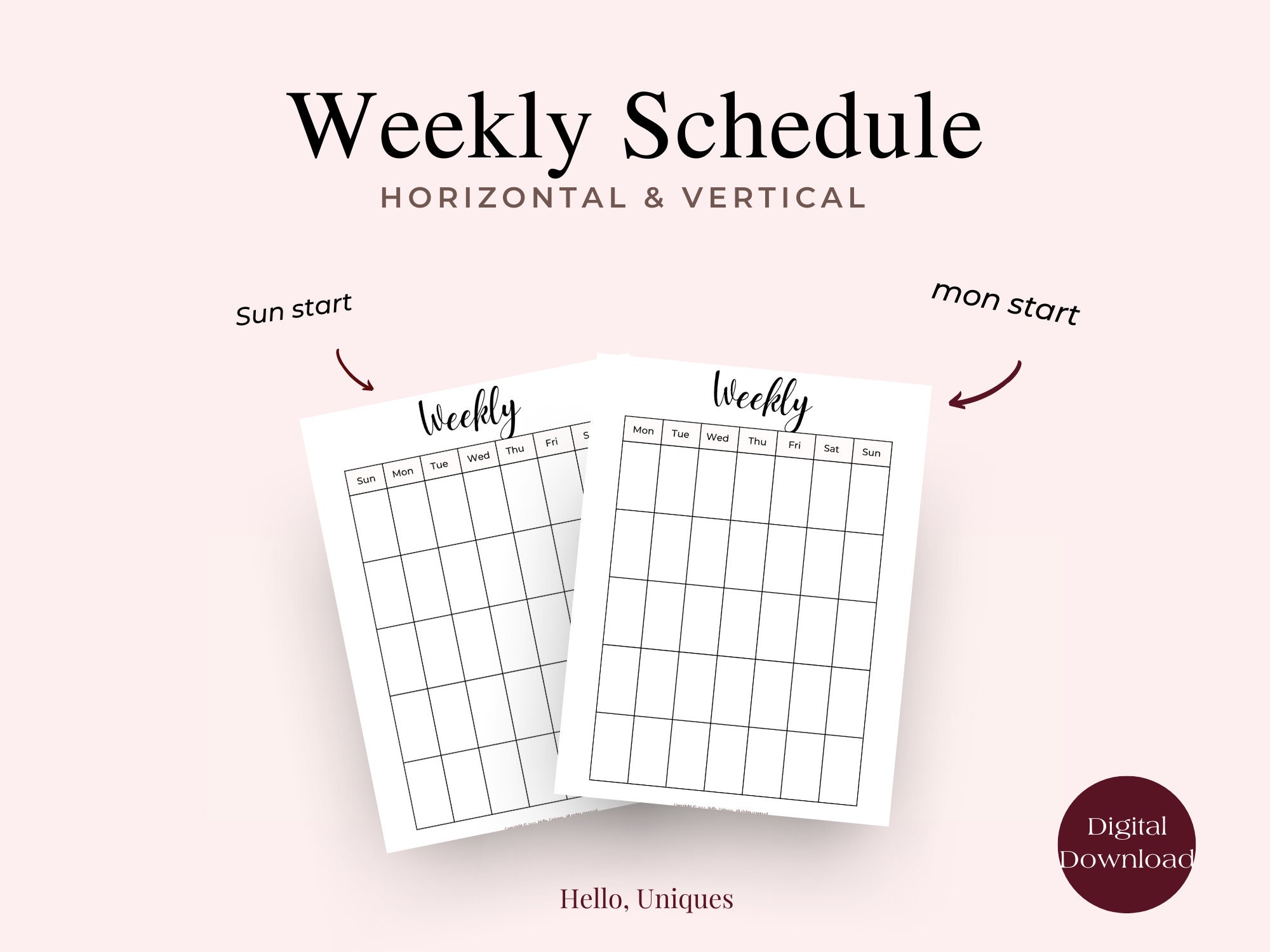 Horizontal and Vertical Minimal Weekly Schedule Weekly Planner ...