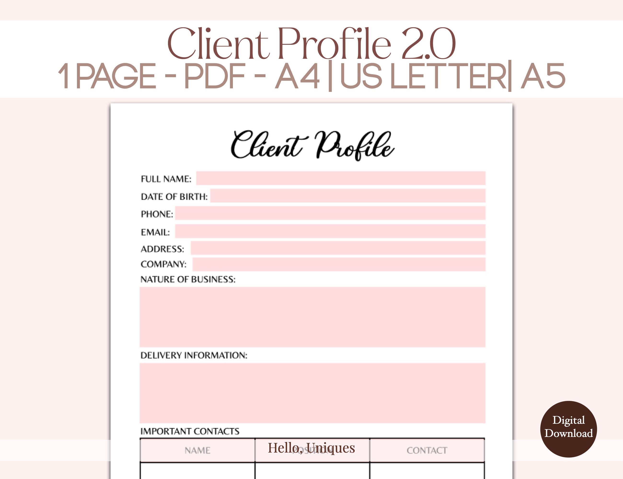 Client Profile 2.0 Printable PDF A4 A5 US Letter 8x10 Service Based ...