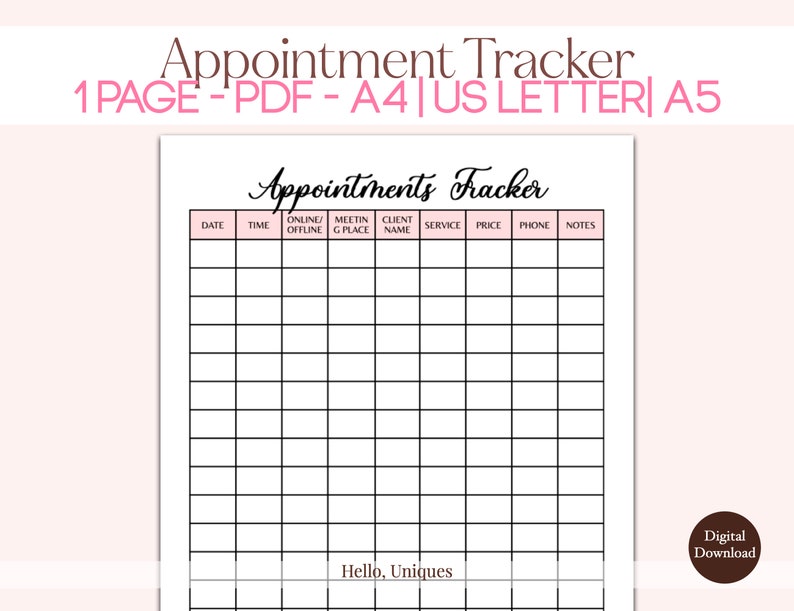 Appointment Tracker Printable | PDF | A4 | A5 | US Letter | 8x10 ...