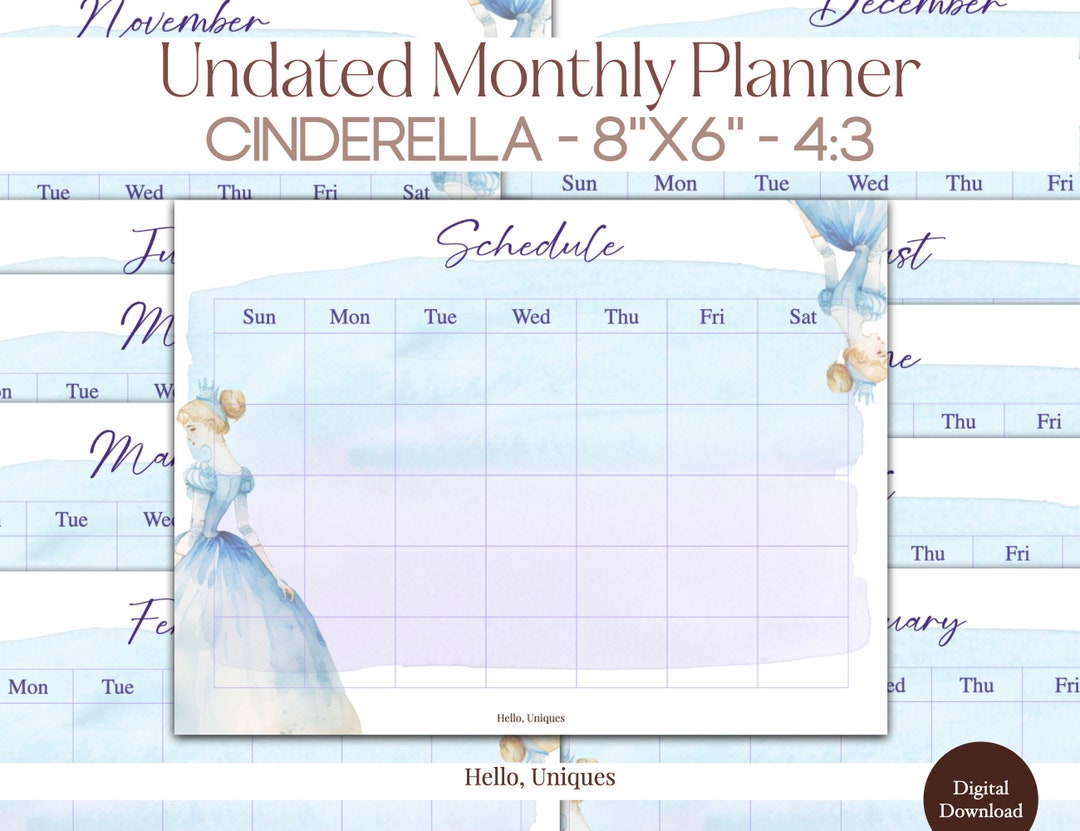 Undated Monthly Planner Blue Cinderella Watercolour | Schedule Planner ...