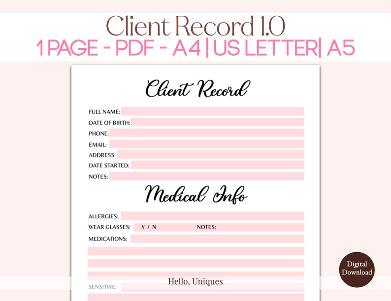 Client Record | Printable | PDF | A4 | A5 | US Letter | Service Base ...