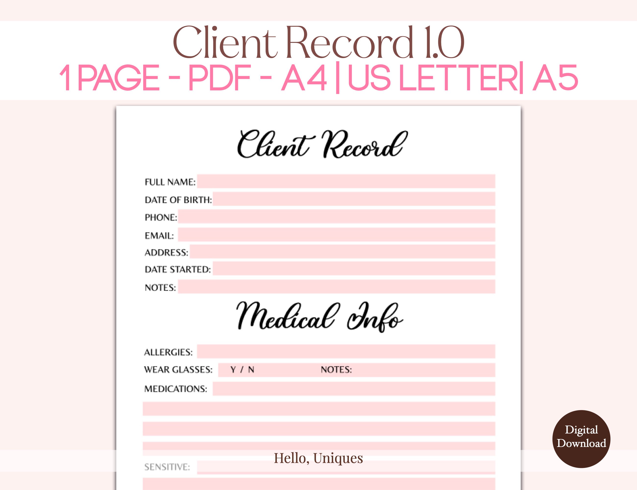 Client Record | Printable | PDF | A4 | A5 | US Letter | Service Base ...