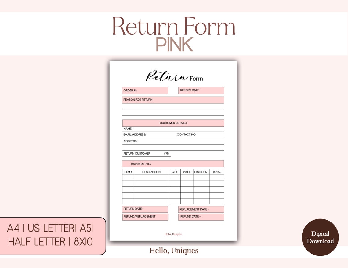 Printable Pink Return Form | for Business Owners | Return Form Tracker ...