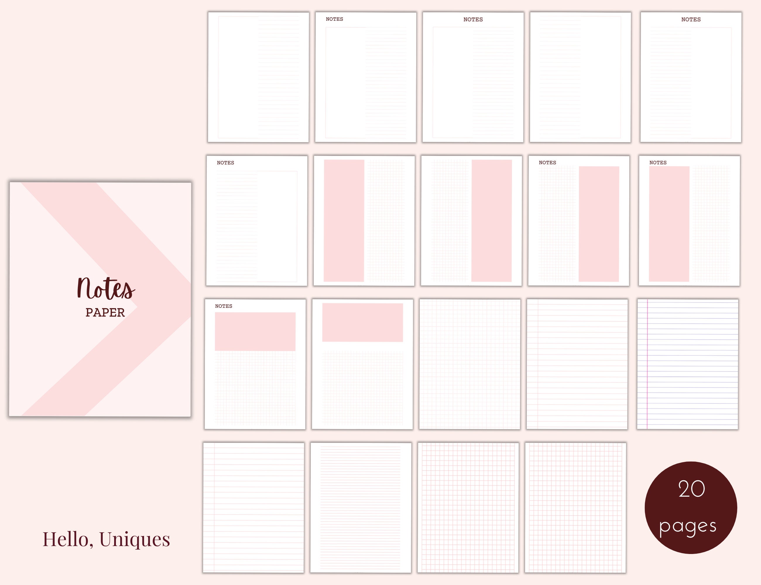 Note Paper Template Digital Download Instant Download Printable Pink ...