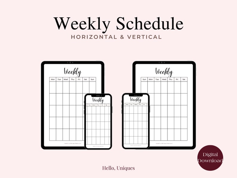 Horizontal and Vertical Minimal Weekly Schedule Weekly Planner ...