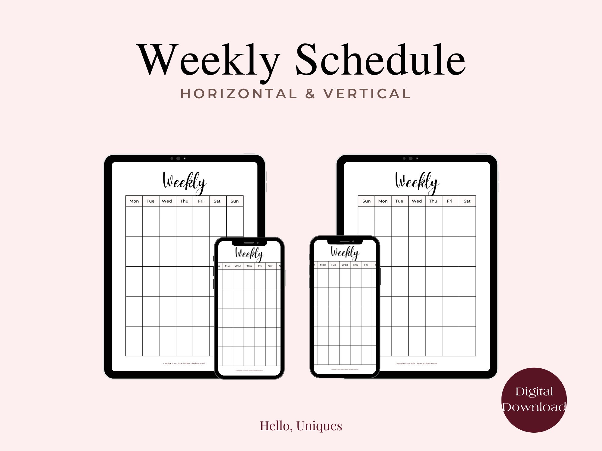 Horizontal and Vertical Minimal Weekly Schedule Weekly Planner ...
