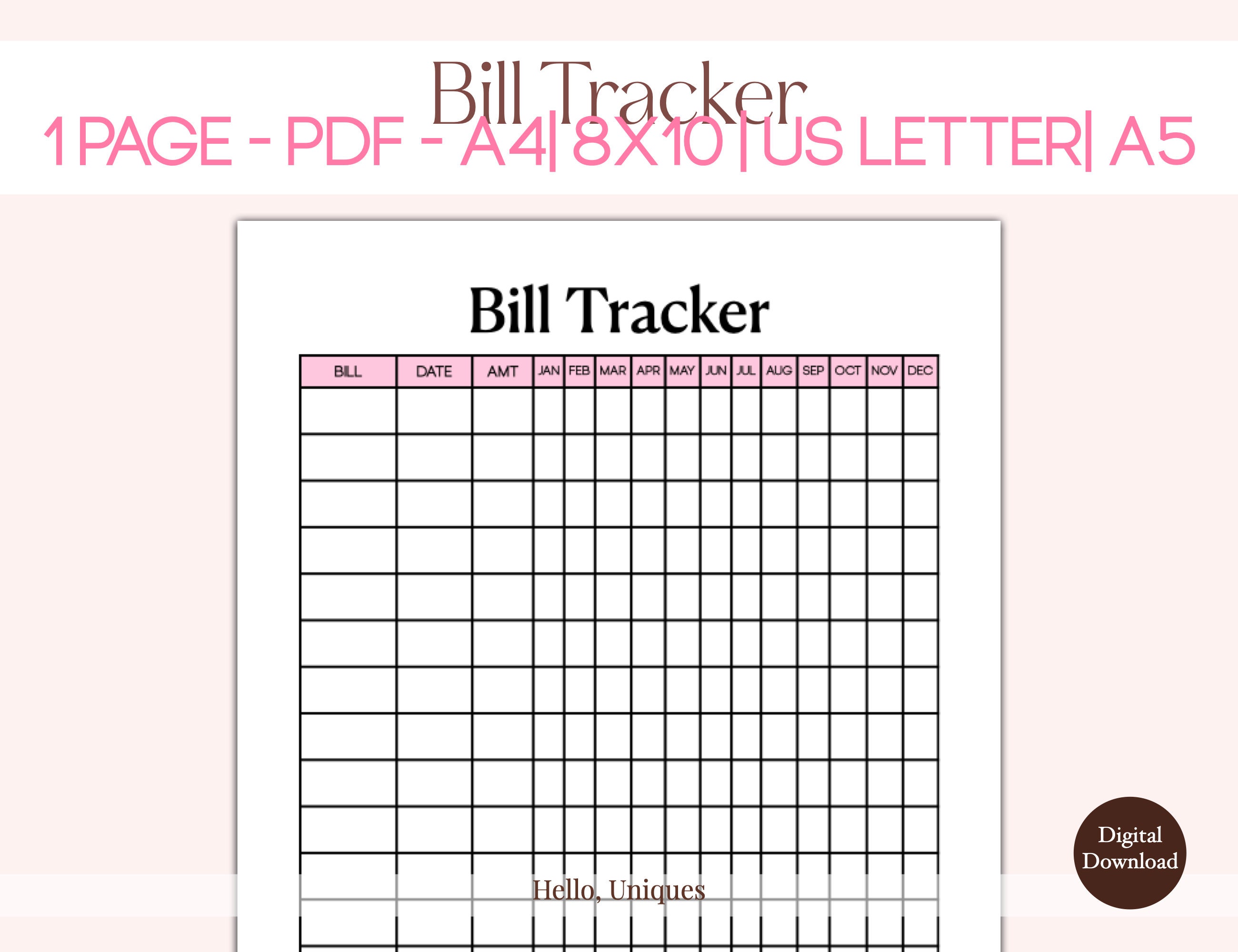 Bill Tracker Pink | Printable | PDF | A4 | A5 | US Letter | Service ...
