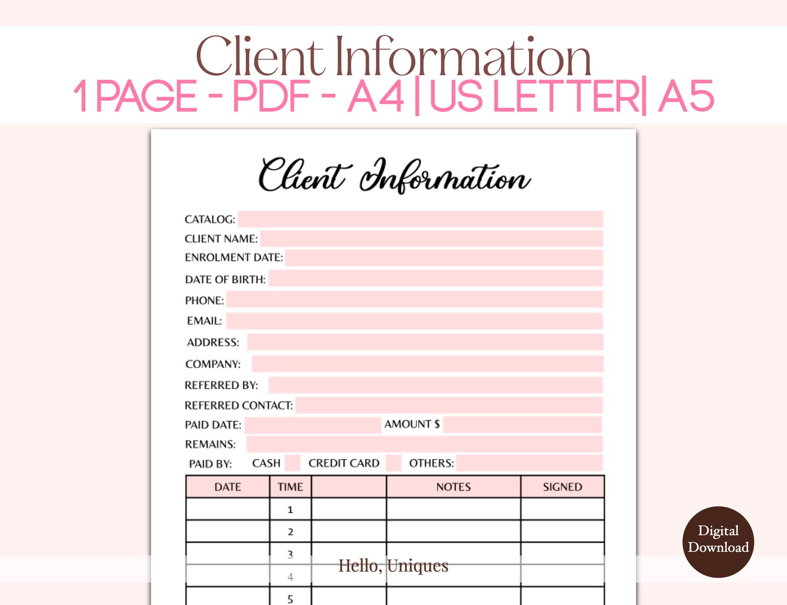 Client Information Printable | PDF | A4 | A5 | US Letter | 8x10 ...