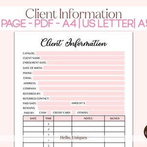Client Information Printable | PDF | A4 | A5 | US Letter | 8x10 ...