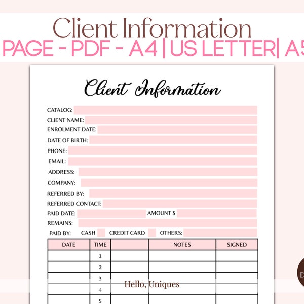Client Info Sheet - Etsy