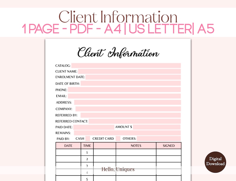 Client Information Printable | PDF | A4 | A5 | US Letter | 8x10 ...