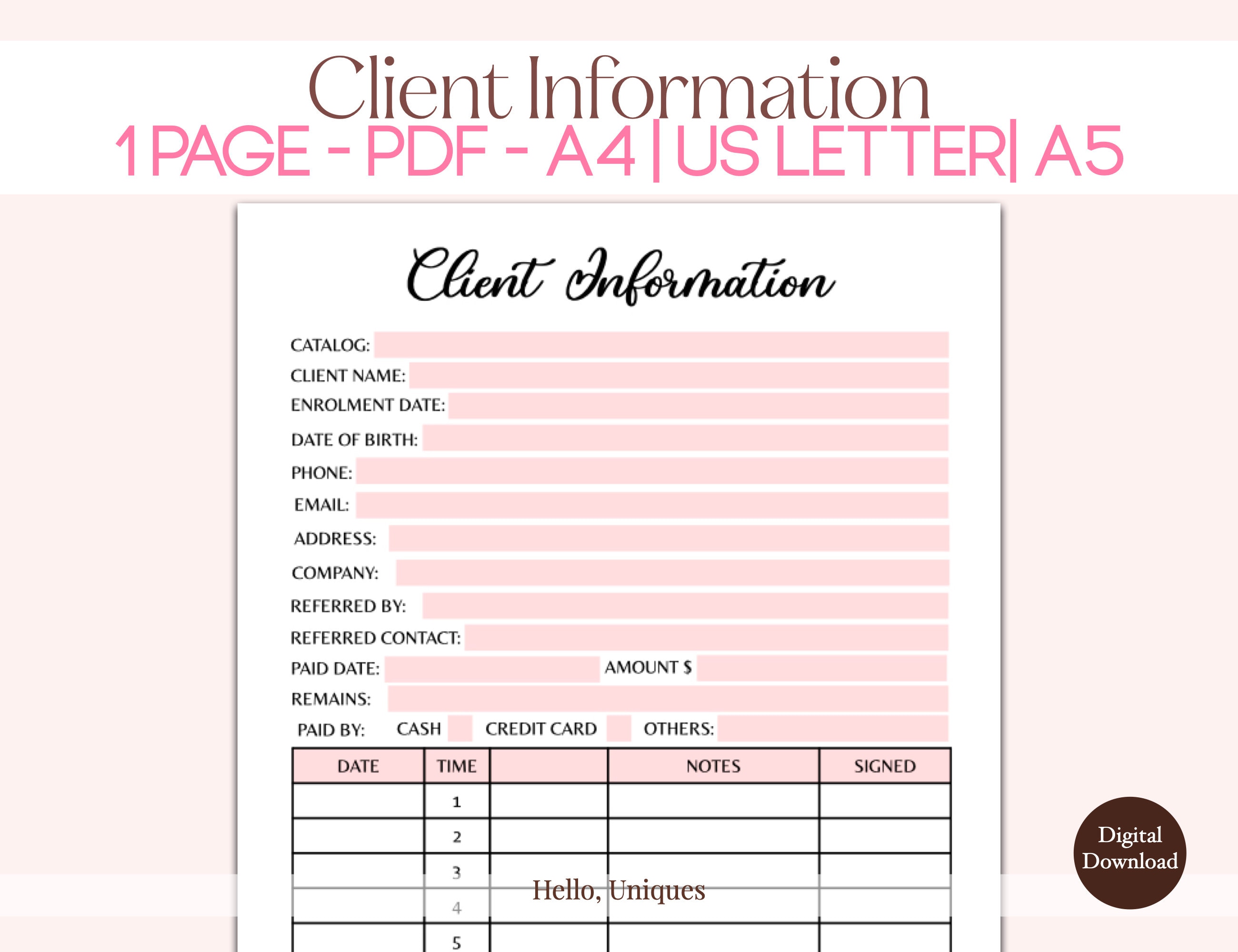 Client Information Printable | PDF | A4 | A5 | US Letter | 8x10 ...