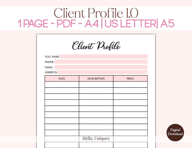 Client Profile | Printable | PDF | A4 | A5 | US Letter | Service Based ...