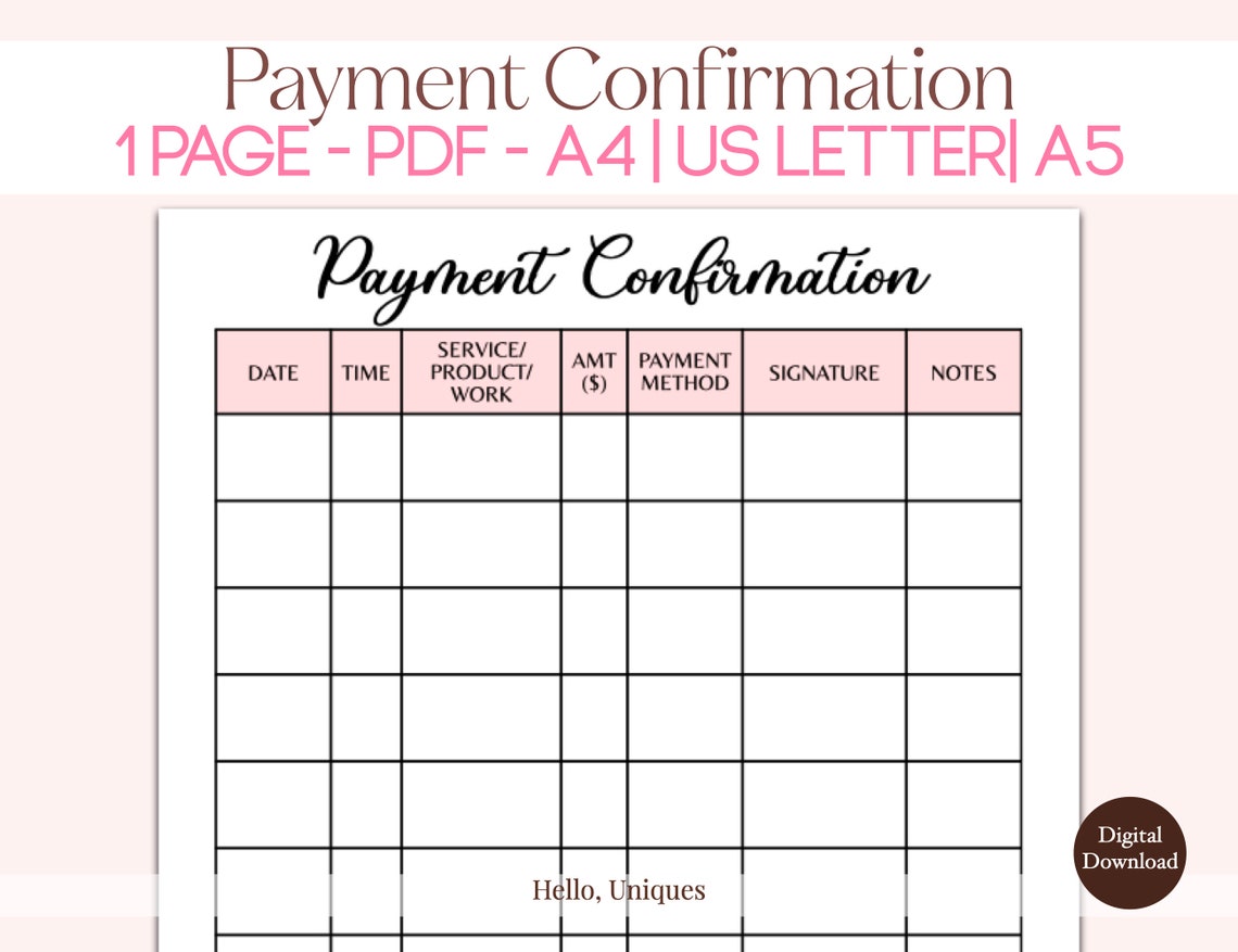 Payment Confirmation Printable PDF A4 A5 US Letter 8x10 Half Letter ...