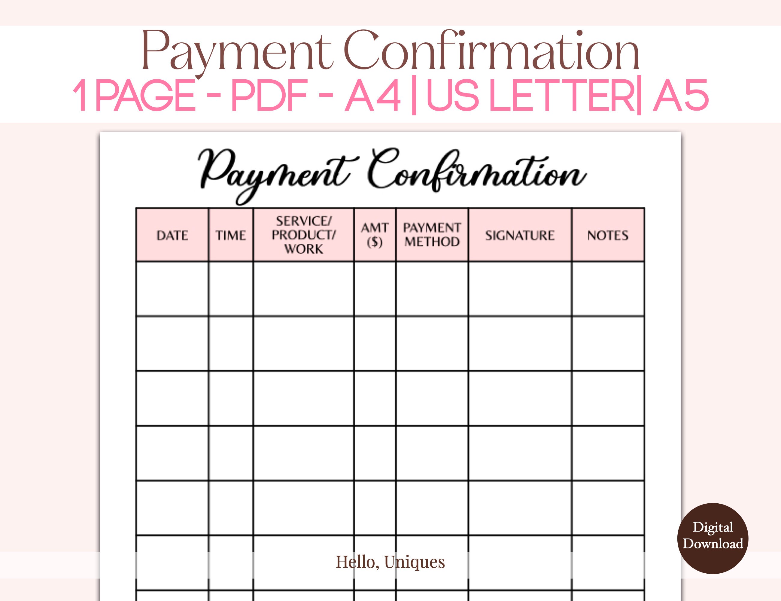 Payment Confirmation Printable PDF A4 A5 US Letter 8x10 Half Letter Payment Confirmation Form ...