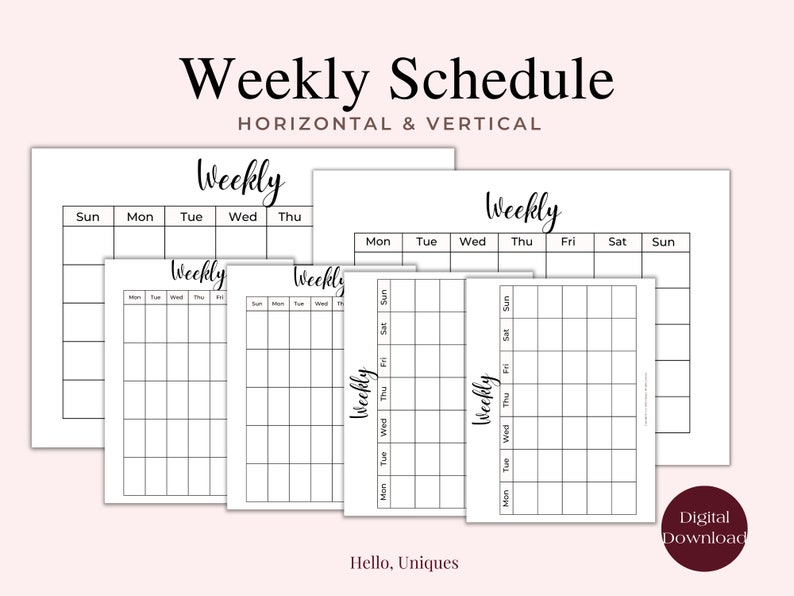 Horizontal and Vertical Minimal Weekly Schedule Weekly Planner ...