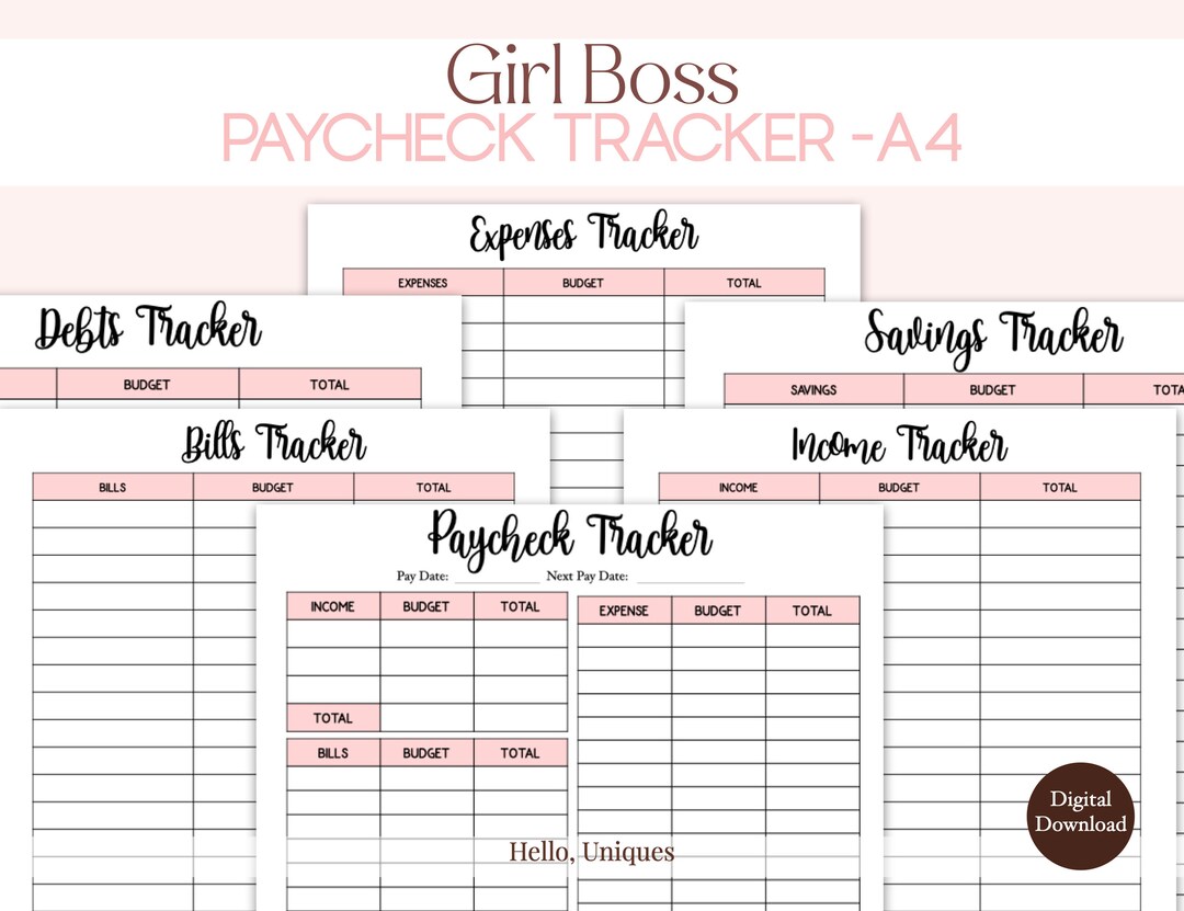 Paycheck Tracker Overview Bundle Template Printable Pink | Debt Tracker ...