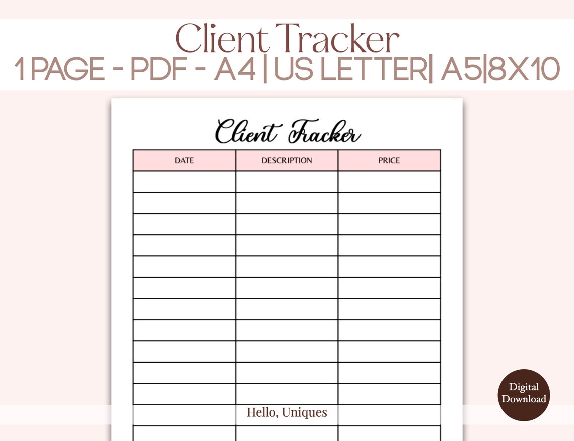 Client Tracker Printable Printable PDF A4 A5 US Letter 8x10 Service ...
