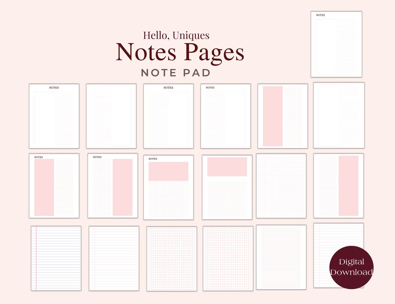 Note Paper Template Digital Download Instant Download Printable Pink ...