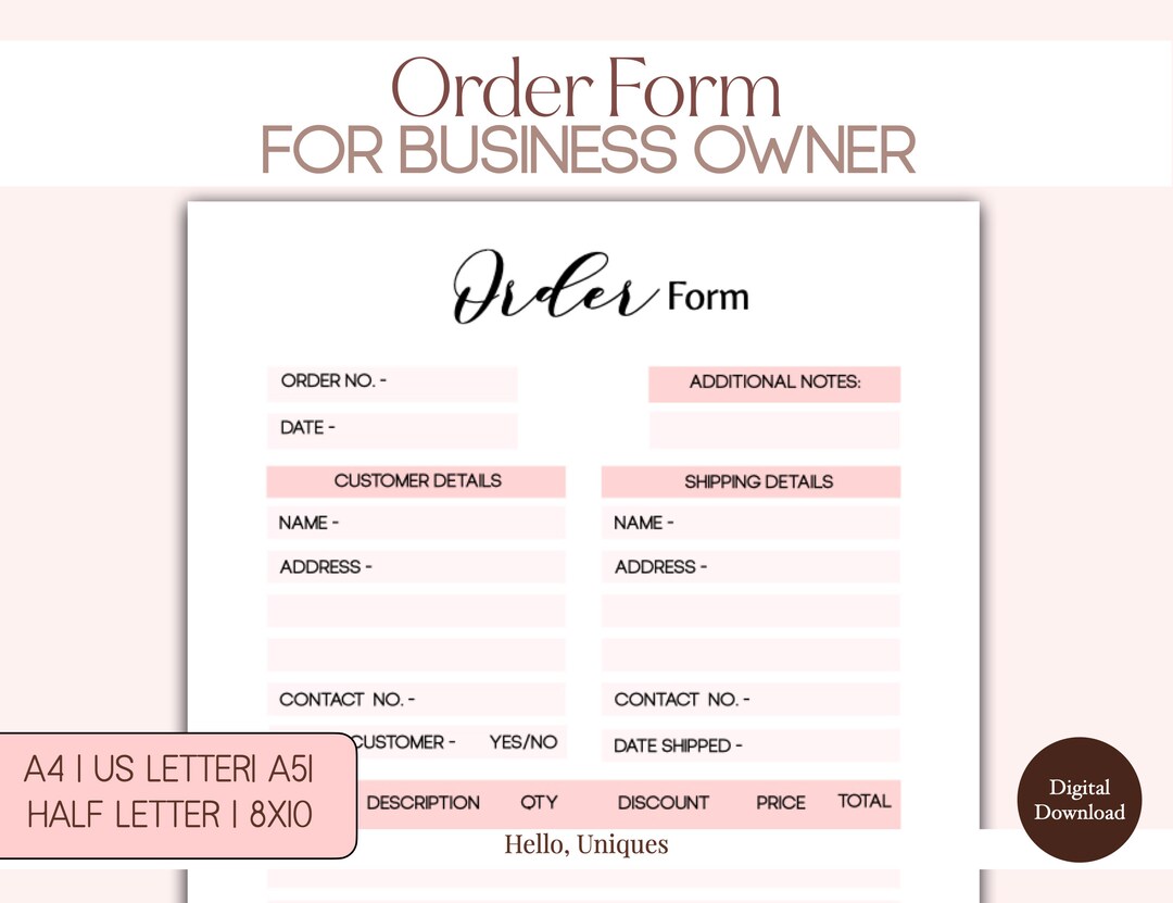 Printable Pink Order Form | for Business Owners, Shipping Out Physical ...