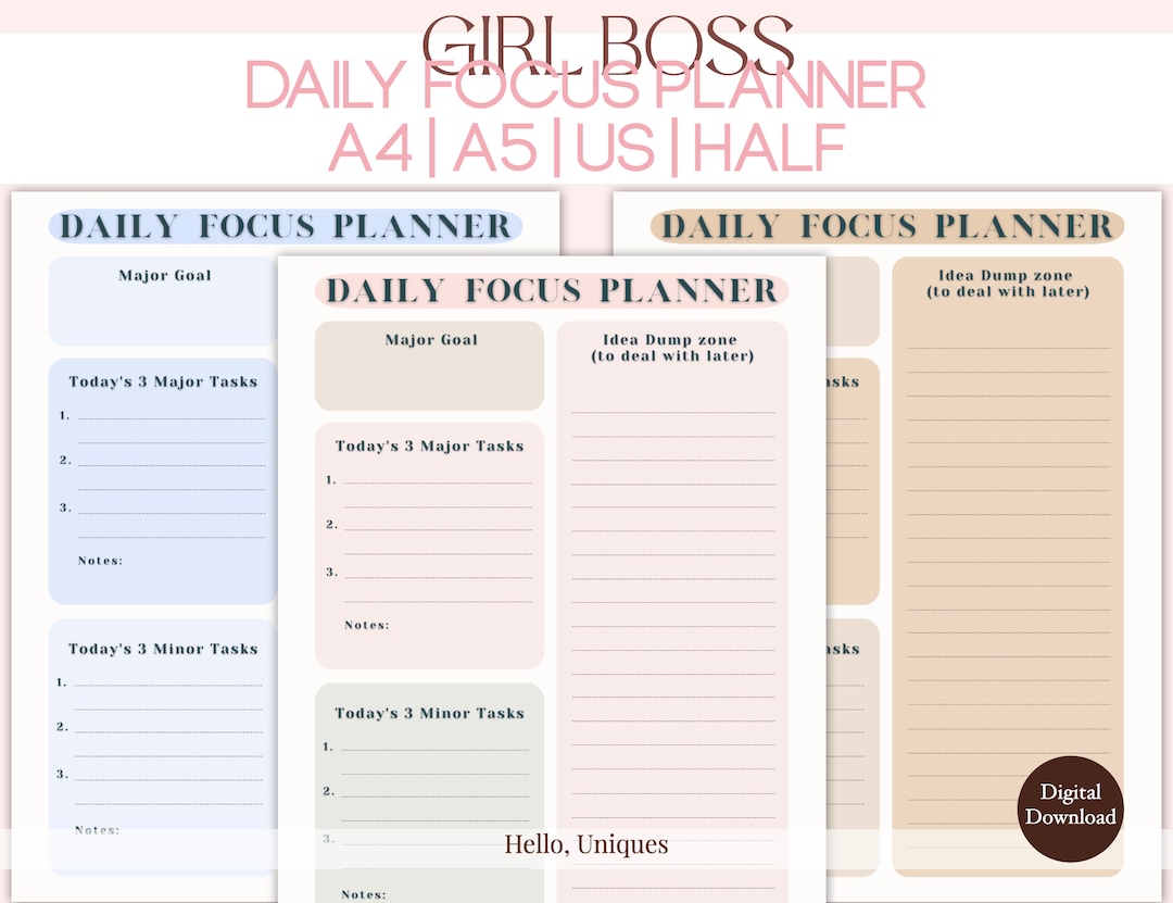 Daily Focus Planner | Major Task | Major Goal | Instant Download ...