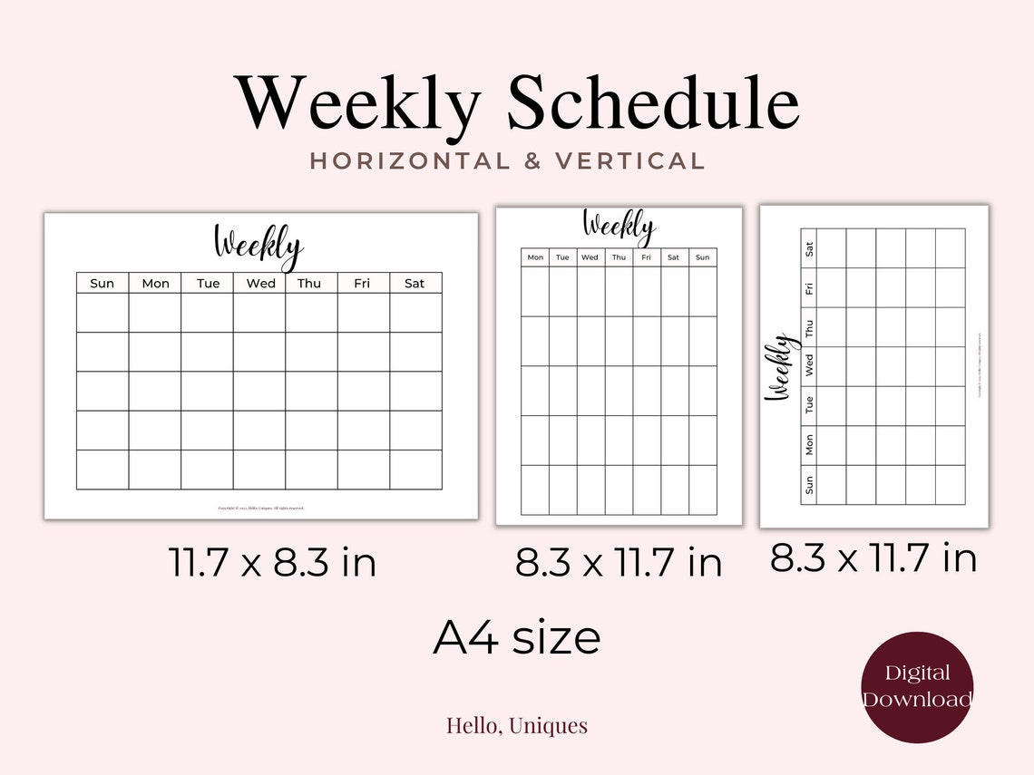 Horizontal and Vertical Minimal Weekly Schedule Weekly Planner ...